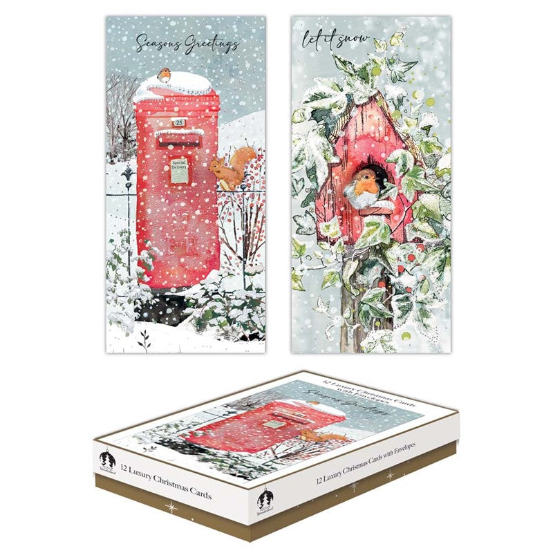 Slim Boxed Christmas Cards Postbox & Robin 12 Pack Wholesale