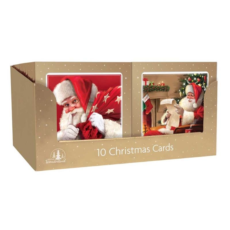 Square Boxed Christmas Cards Traditional Santa 10 Pack Wholesale