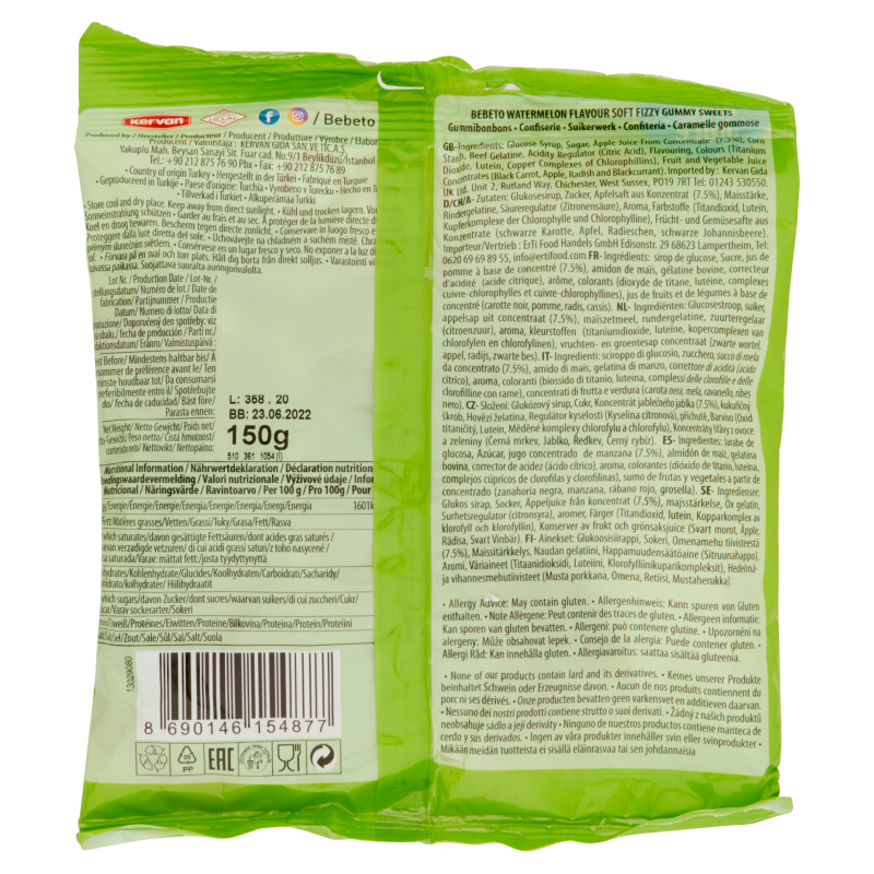 Bebeto Fizzy Watermelons 150g PMP £1 - Case of 10 Wholesale